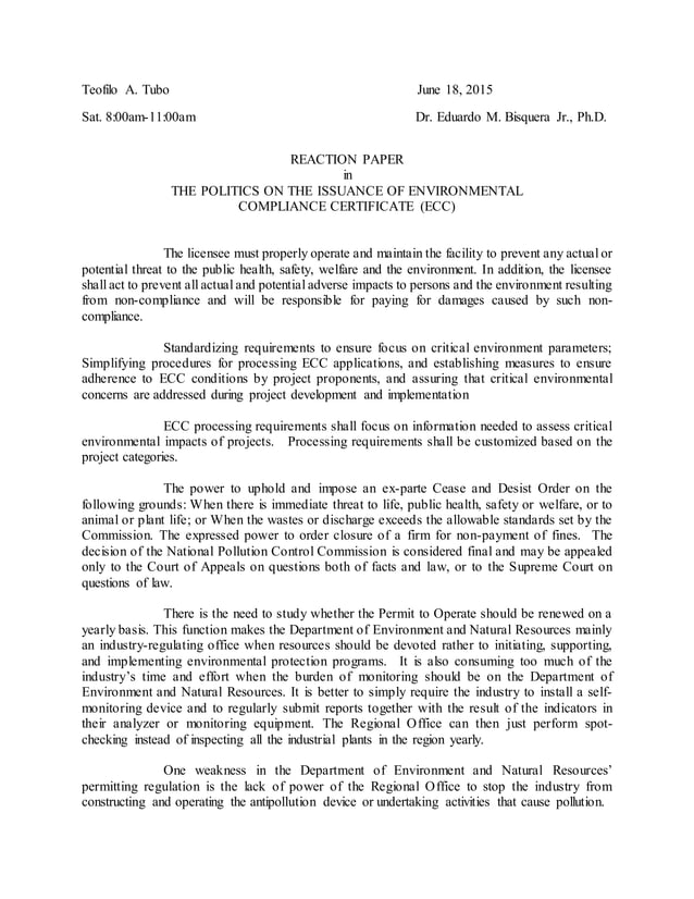 Reaction paper on ecc | DOCX | Environmental Services Industry | Industries