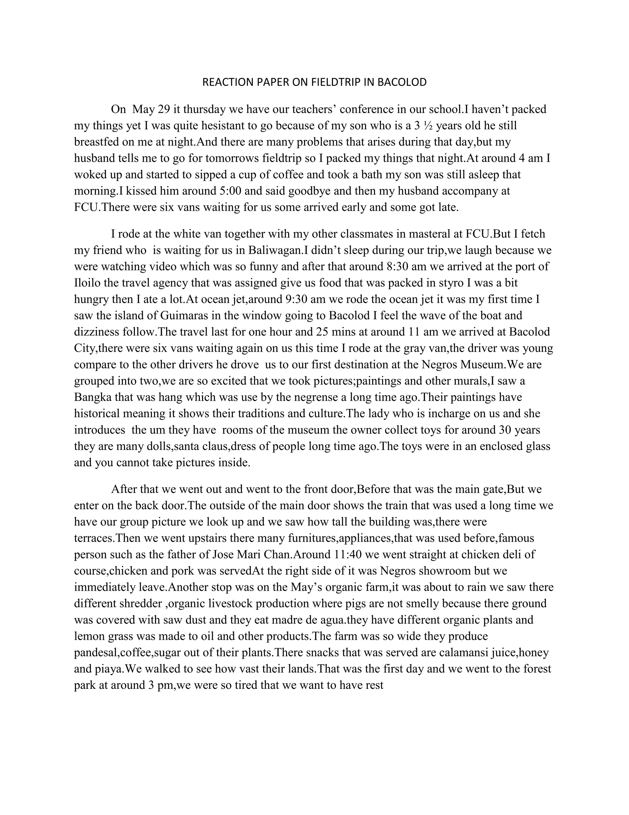 Reaction paper on fieldtrip in bacolod | DOCX