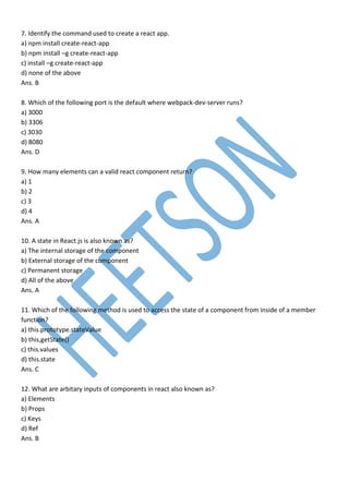 React JS MCQ Important Questions and Answers | PDF