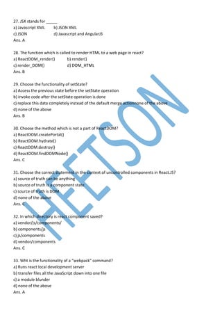 React JS MCQ Important Questions and Answers | PDF