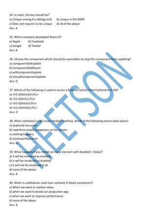 React JS MCQ Important Questions and Answers | PDF