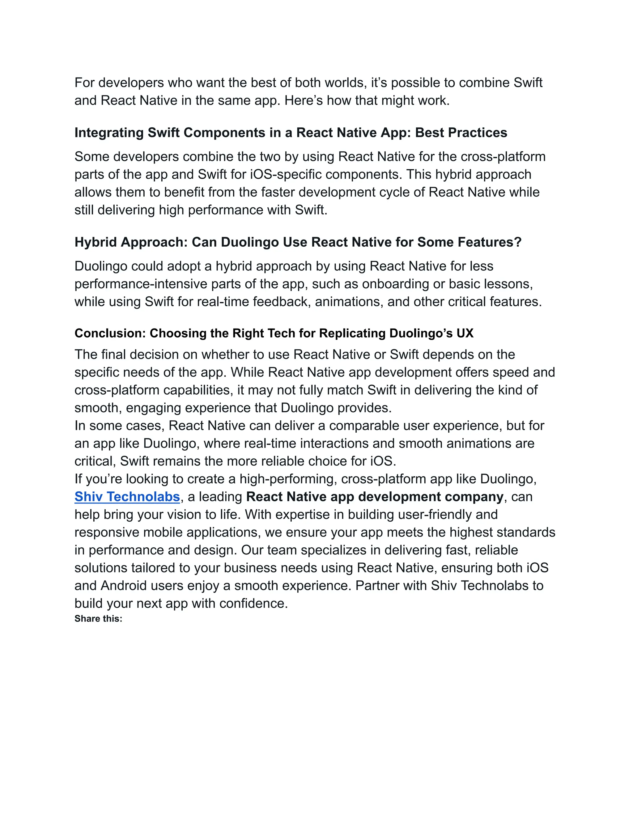 "React Native vs. Swift: Comparing Frameworks for Building Language Learning Apps like Duolingo ...