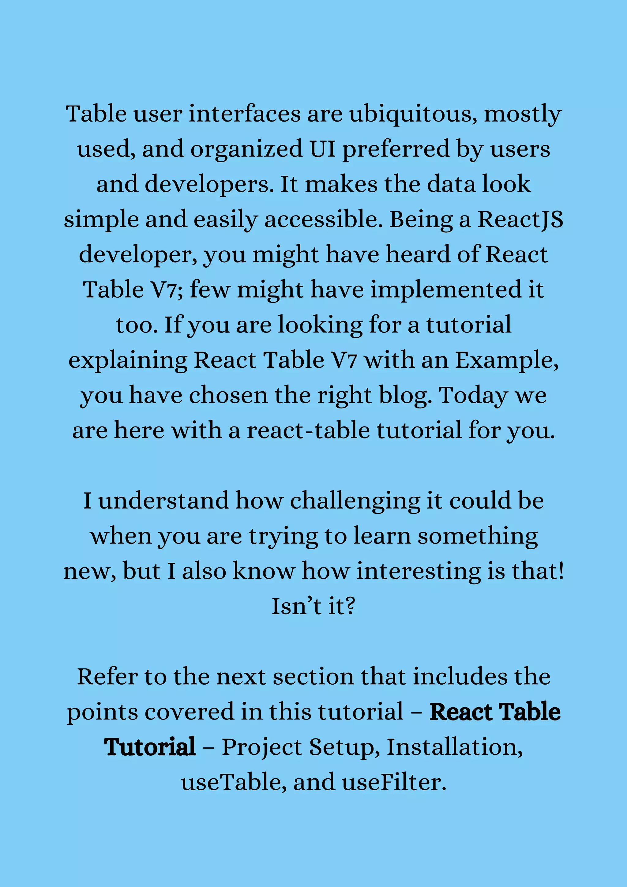 React table tutorial project setup, use table, and usefilter | PDF React table tutorial project setup, use table, and usefilter | PDF