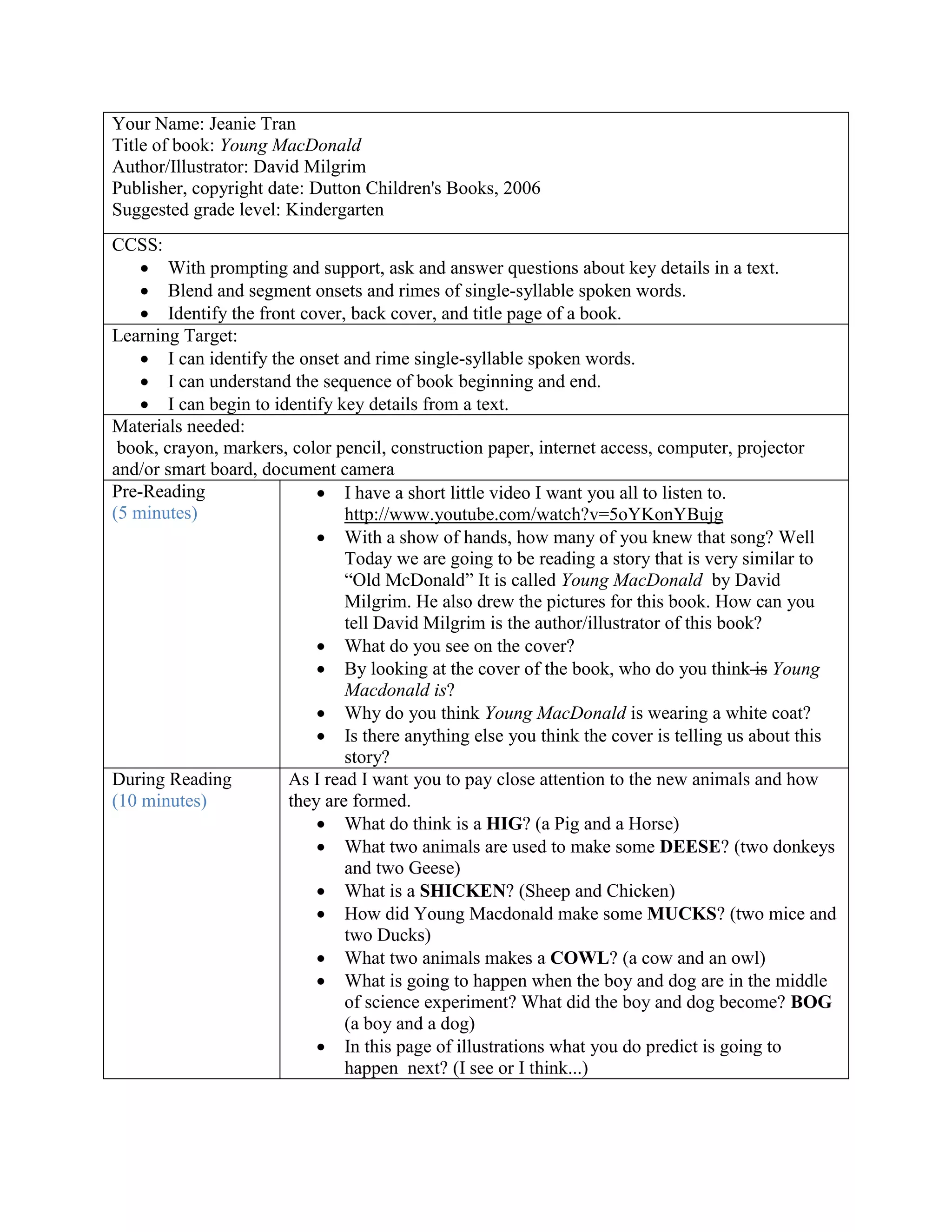 "Young MacDonald" Read Aloud Lesson Plan | DOCX