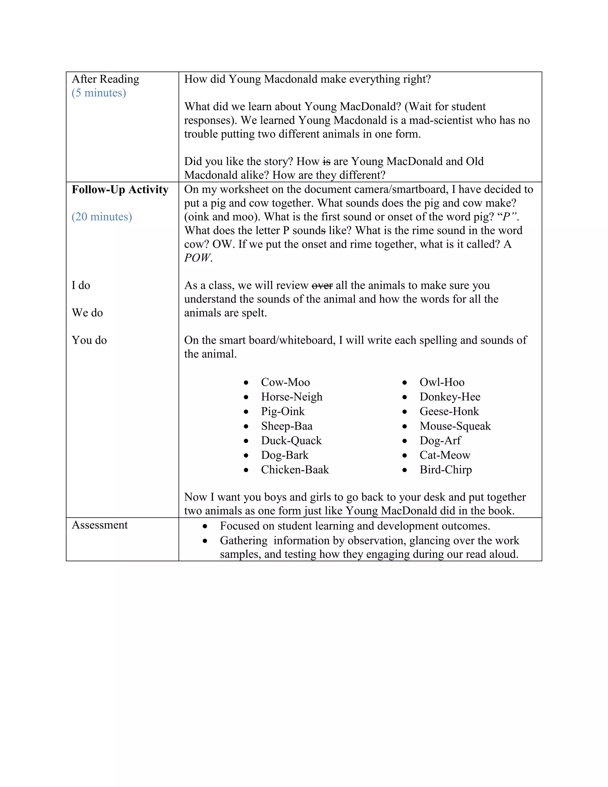 "Young MacDonald" Read Aloud Lesson Plan | DOCX