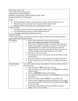 "Young MacDonald" Read Aloud Lesson Plan | DOCX