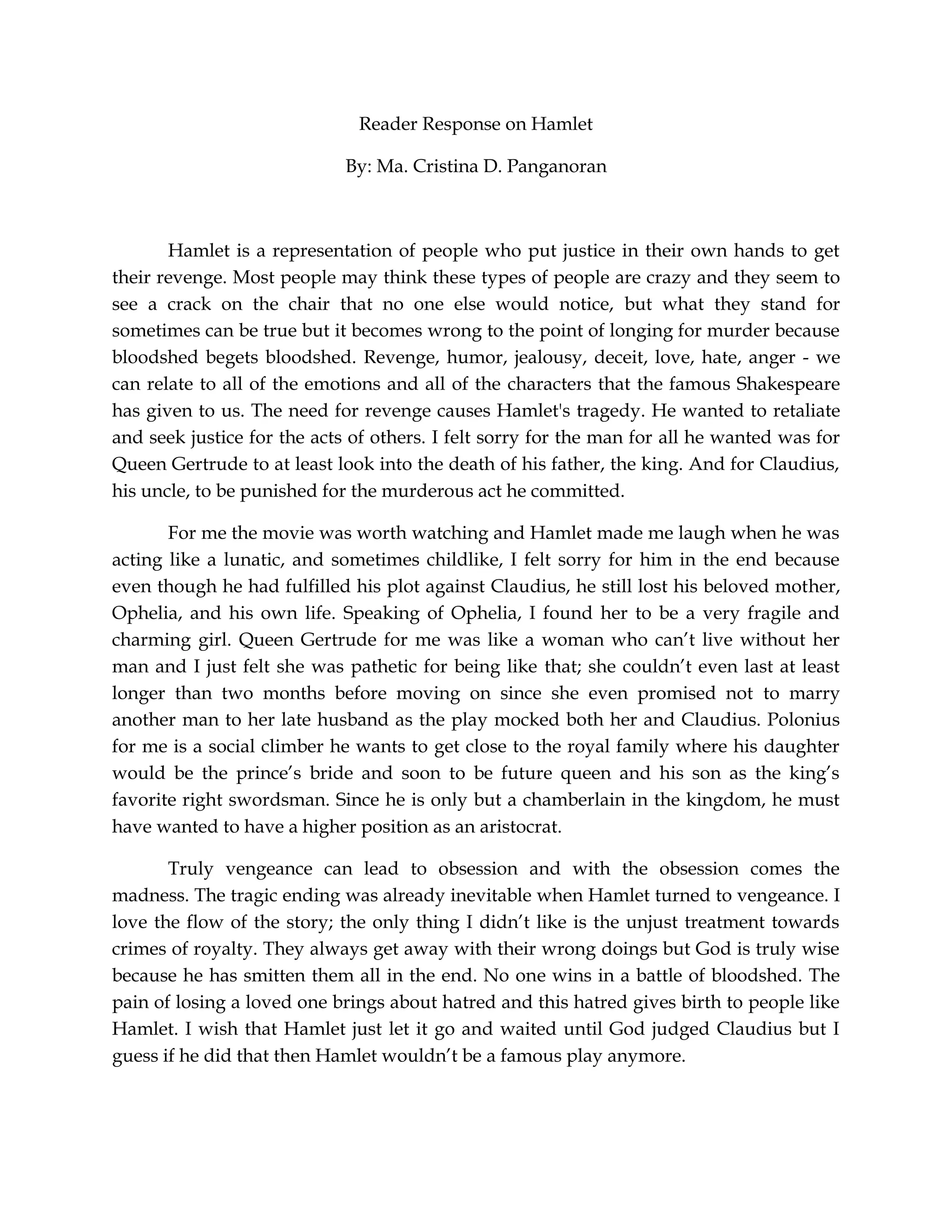 Reader Response Hamlet | DOCX