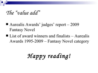 Readers advisory seminar - Aurealis Awards by Rowena Specht-Whyte | PPT