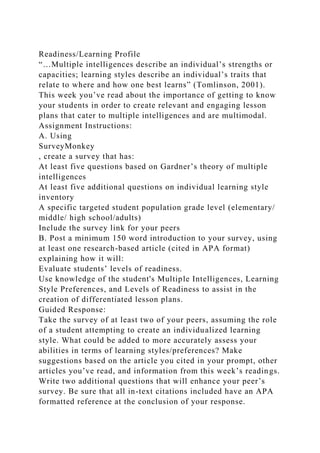 ReadinessLearning Profile…Multiple intelligences describe an ind.docx