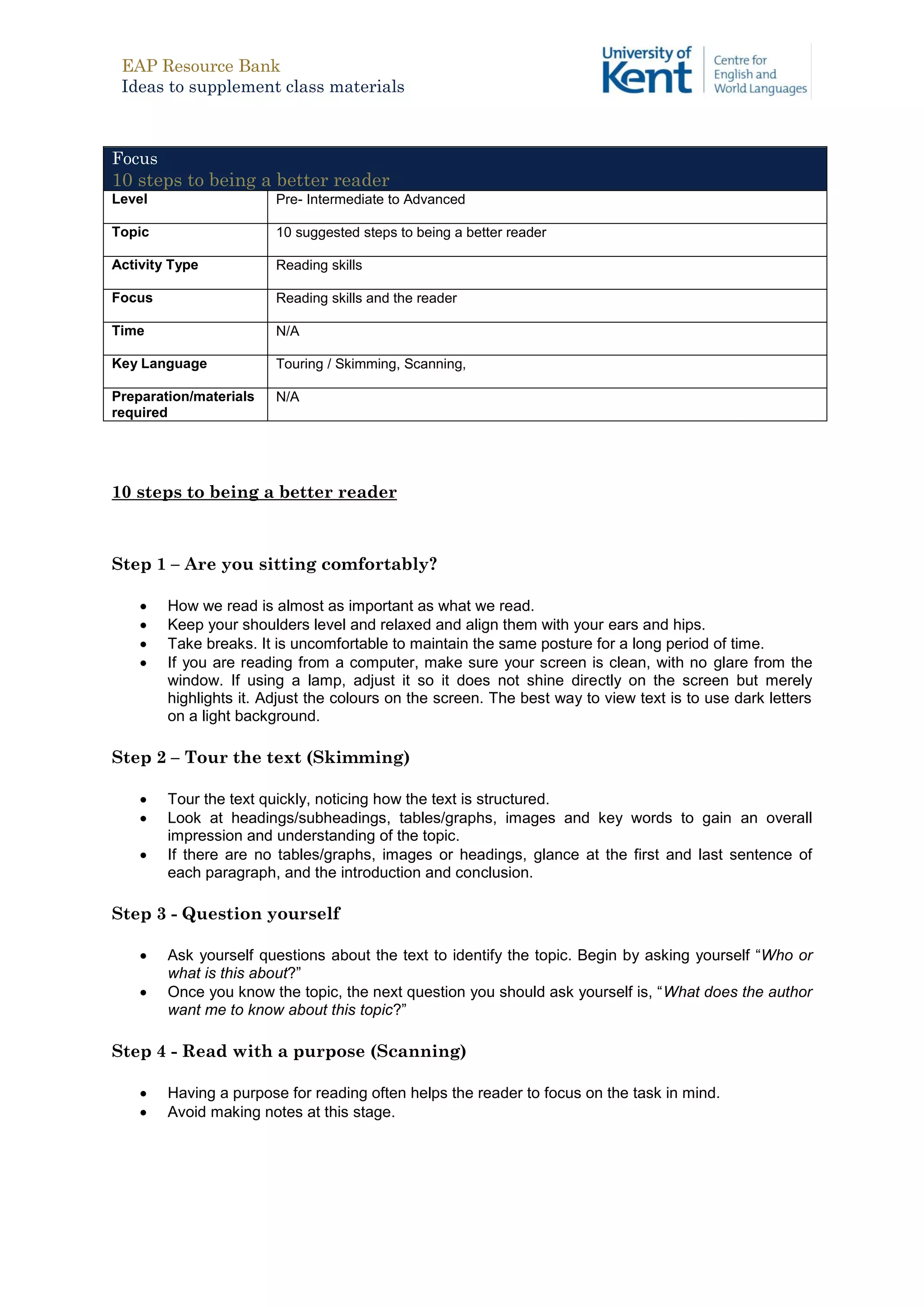 Reading 10 steps to being a better reader - ce | PDF | Educational ...