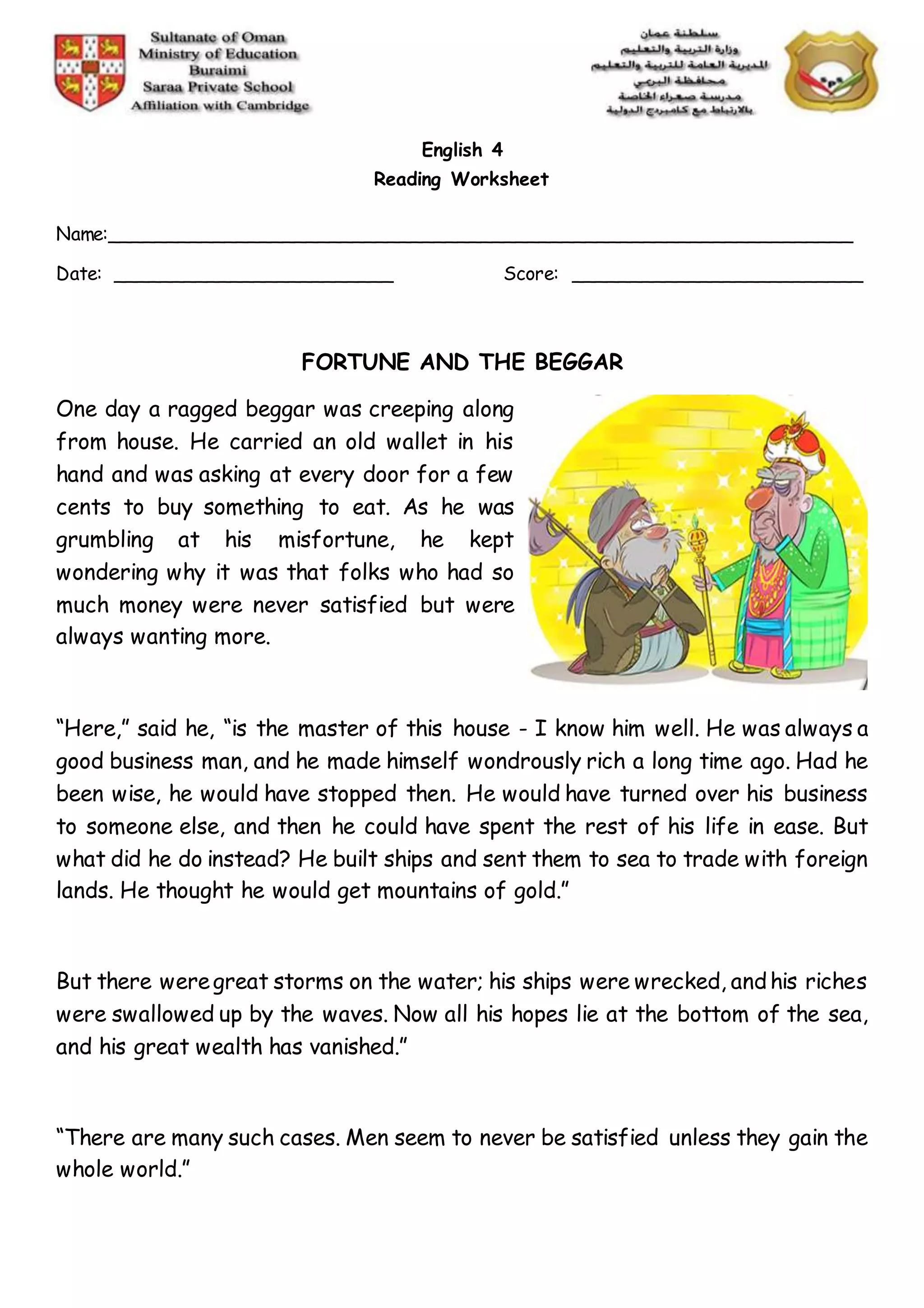 Reading worksheet (The Bee, Fortune and the Beggar, Achoo!) | DOCX ...