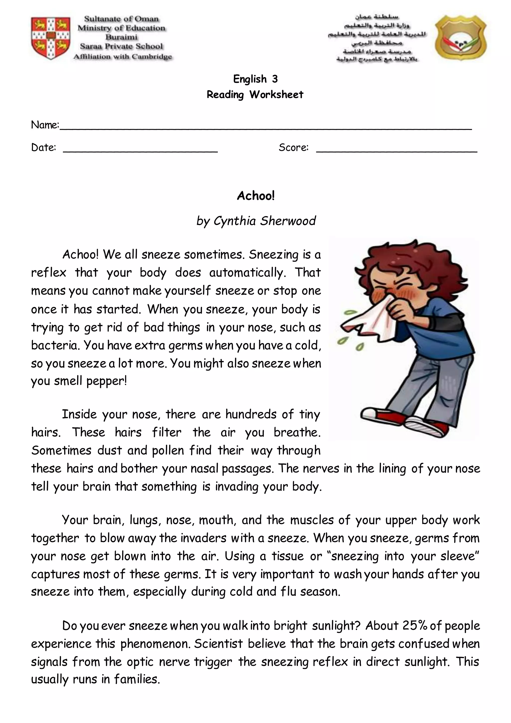 Reading worksheet (The Bee, Fortune and the Beggar, Achoo!) | DOCX ...