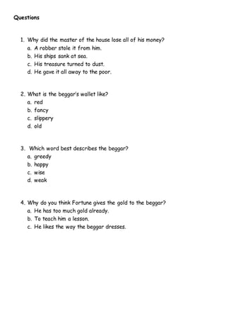 Reading worksheet (The Bee, Fortune and the Beggar, Achoo!) | DOCX