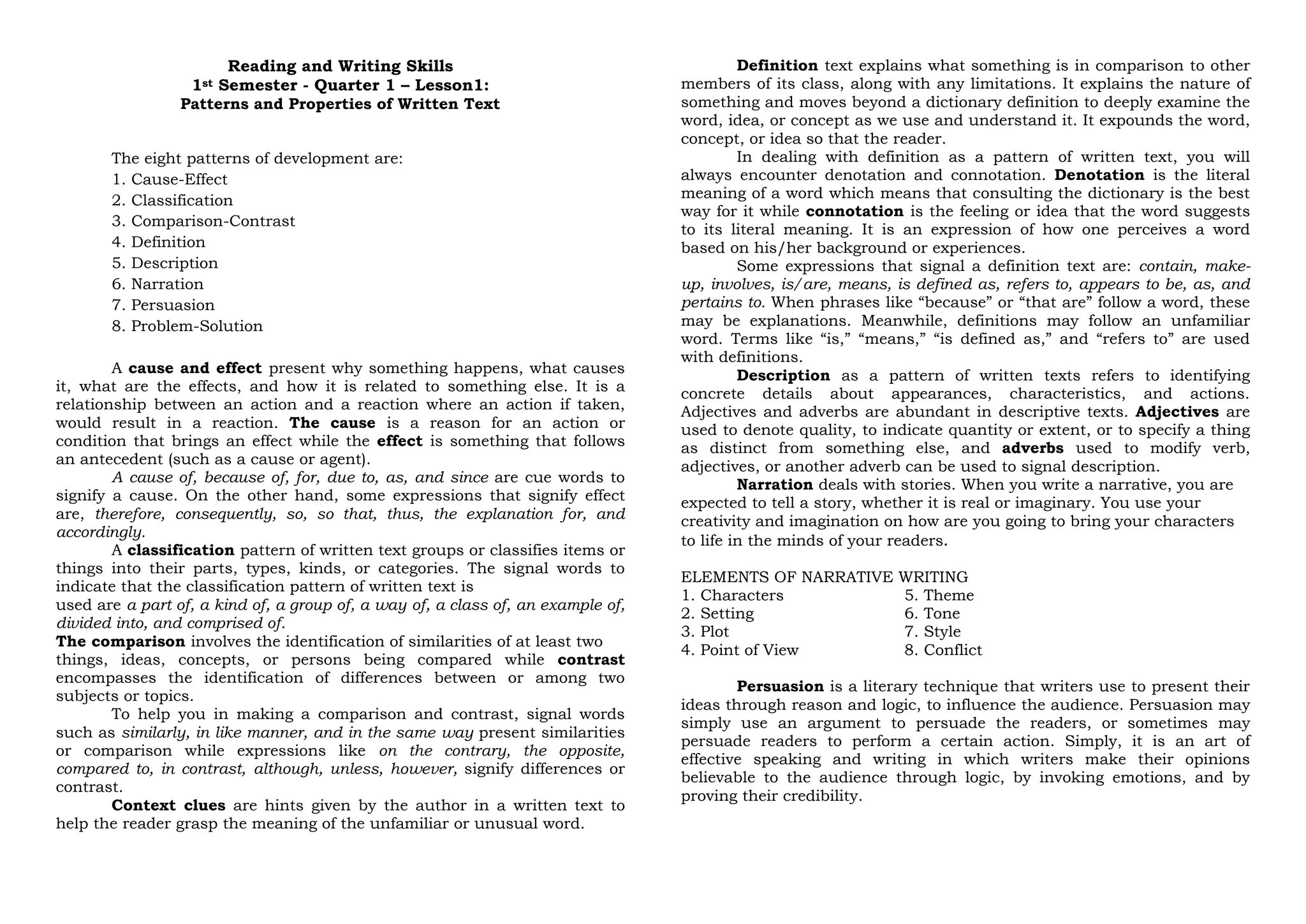 Reading and Writing Skills_1st Sem_Quarter 1_Module 1 | PDF