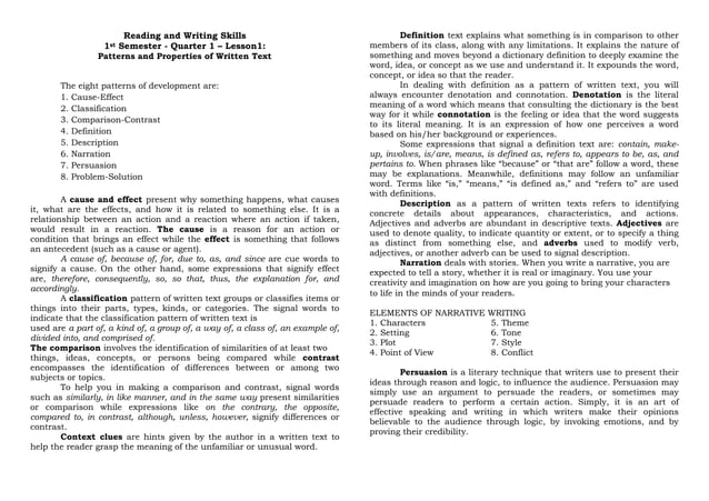 Reading and Writing Skills_1st Sem_Quarter 1_Module 1 | PDF