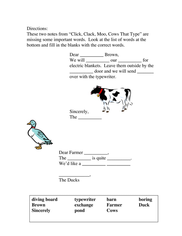Reading activities click clack moo | PDF