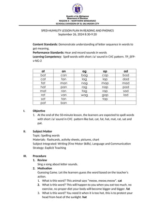 Lesson plan in spelling words with short /a/ CVC pattern | DOCX