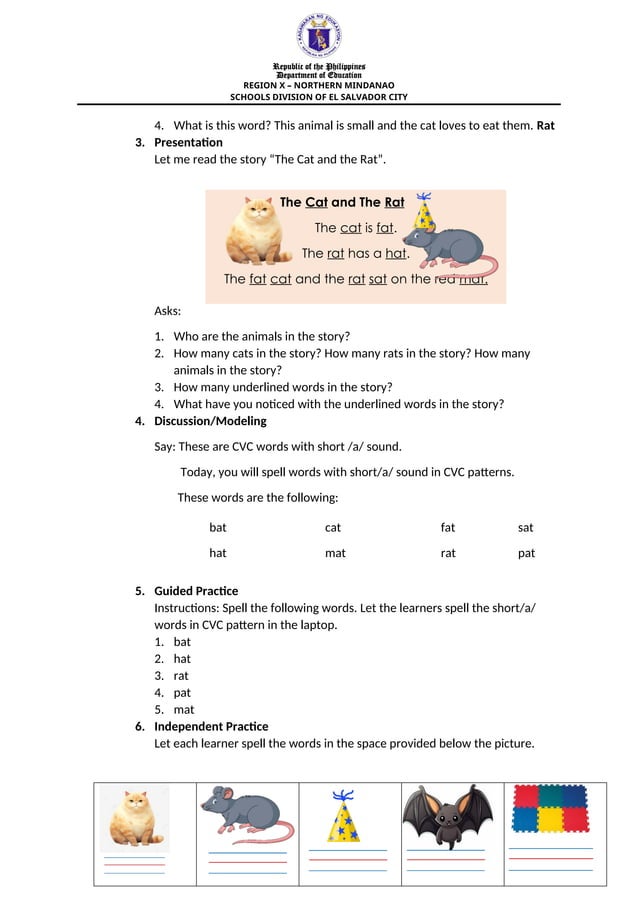 Lesson plan in spelling words with short /a/ CVC pattern | DOCX | Education