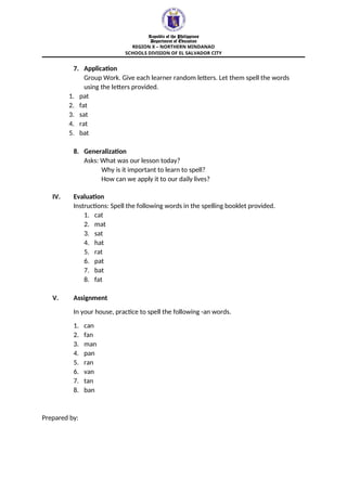 Lesson plan in spelling words with short /a/ CVC pattern | DOCX