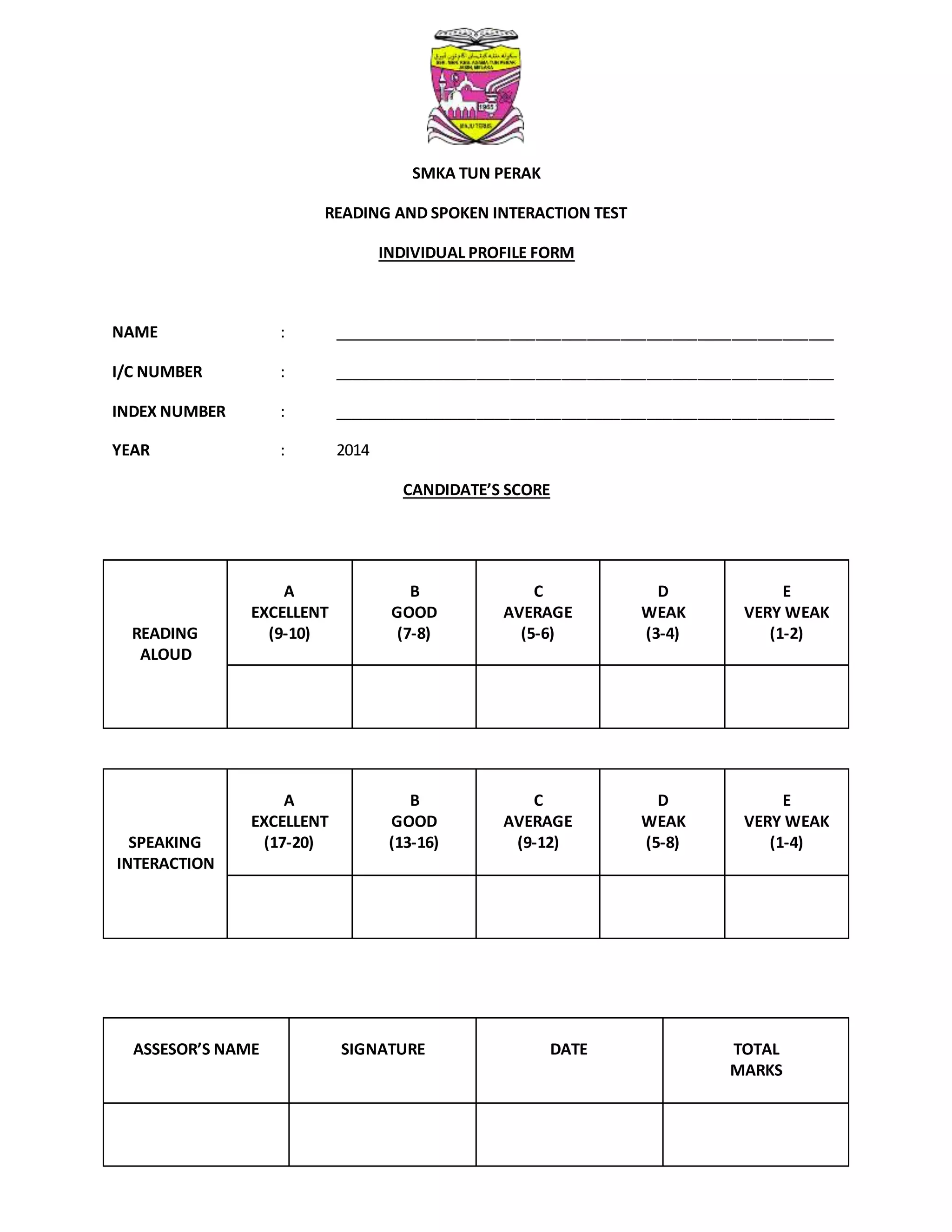 Reading and spoken interaction test indvidual profile form PT3 | DOCX