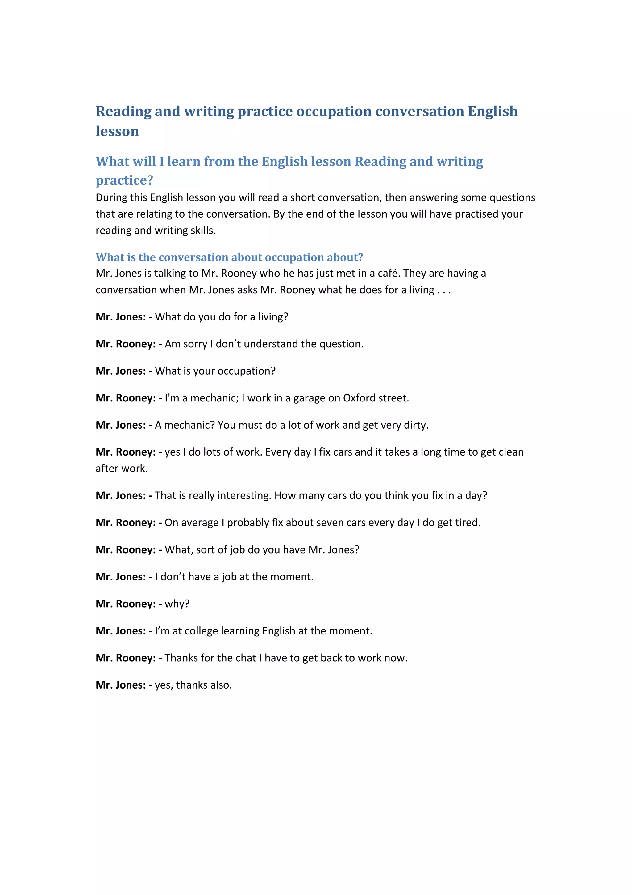 Reading and writing practice occupation conversation english lesson | DOCX
