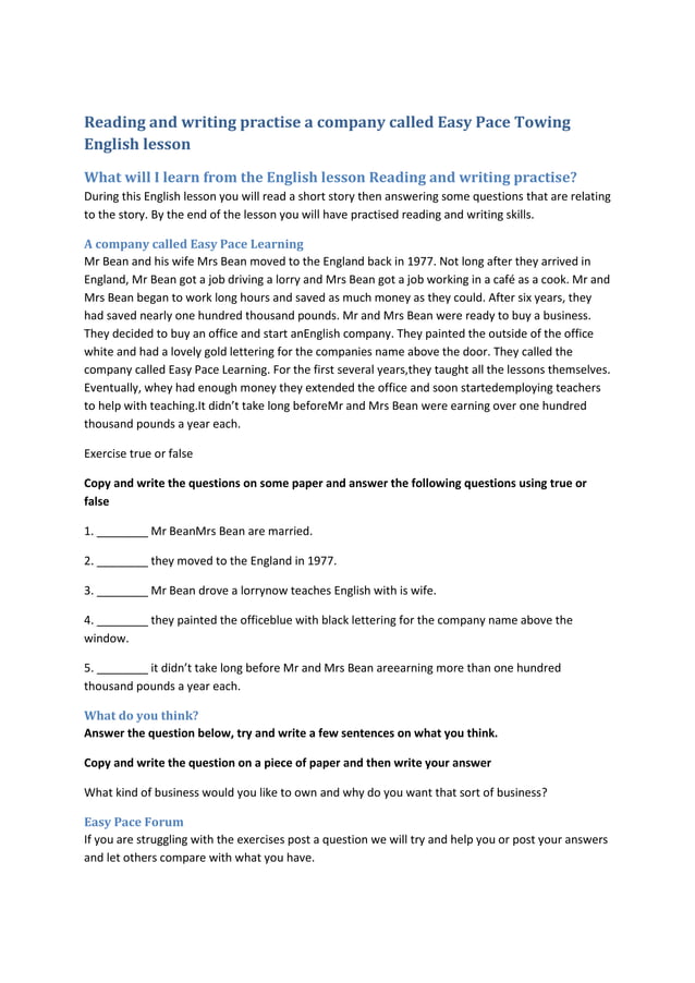 Reading and writing practise a company called easy pace towing english ...