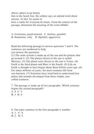 Reading Assessment 1 1. Read the paragraph in order to ans.docx