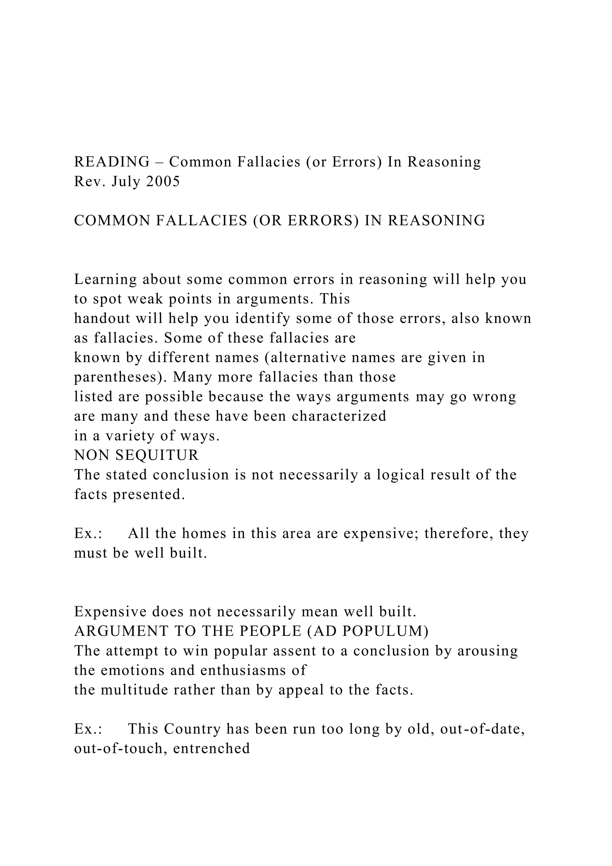 READING – Common Fallacies (or Errors) In Reasoning Rev. Jul.docx