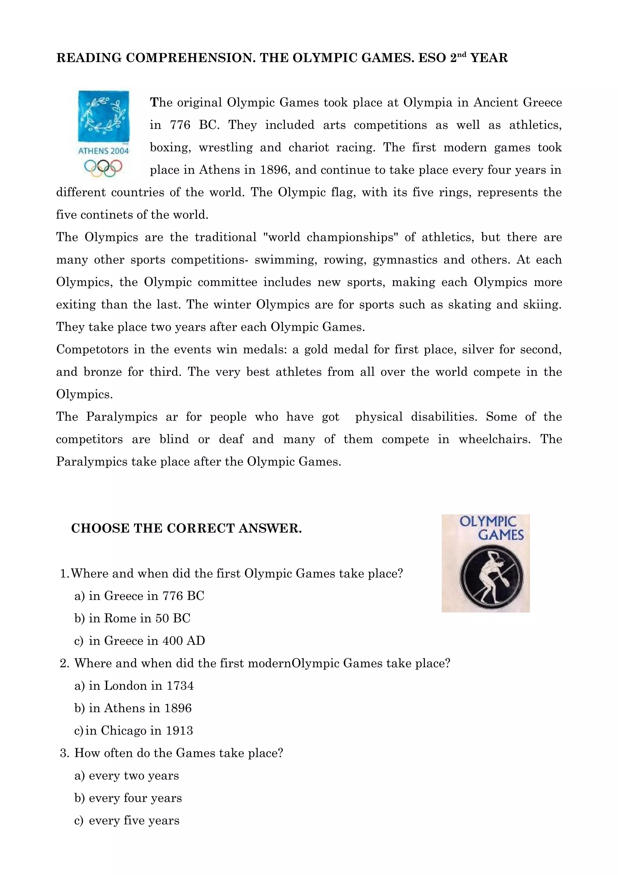 Reading comprehension. olympic games | PDF | Summer Olympic Sports ...