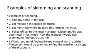 Reading comprehension, including Skimming and scanning. | PPT