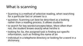 Reading comprehension, including Skimming and scanning. | PPT