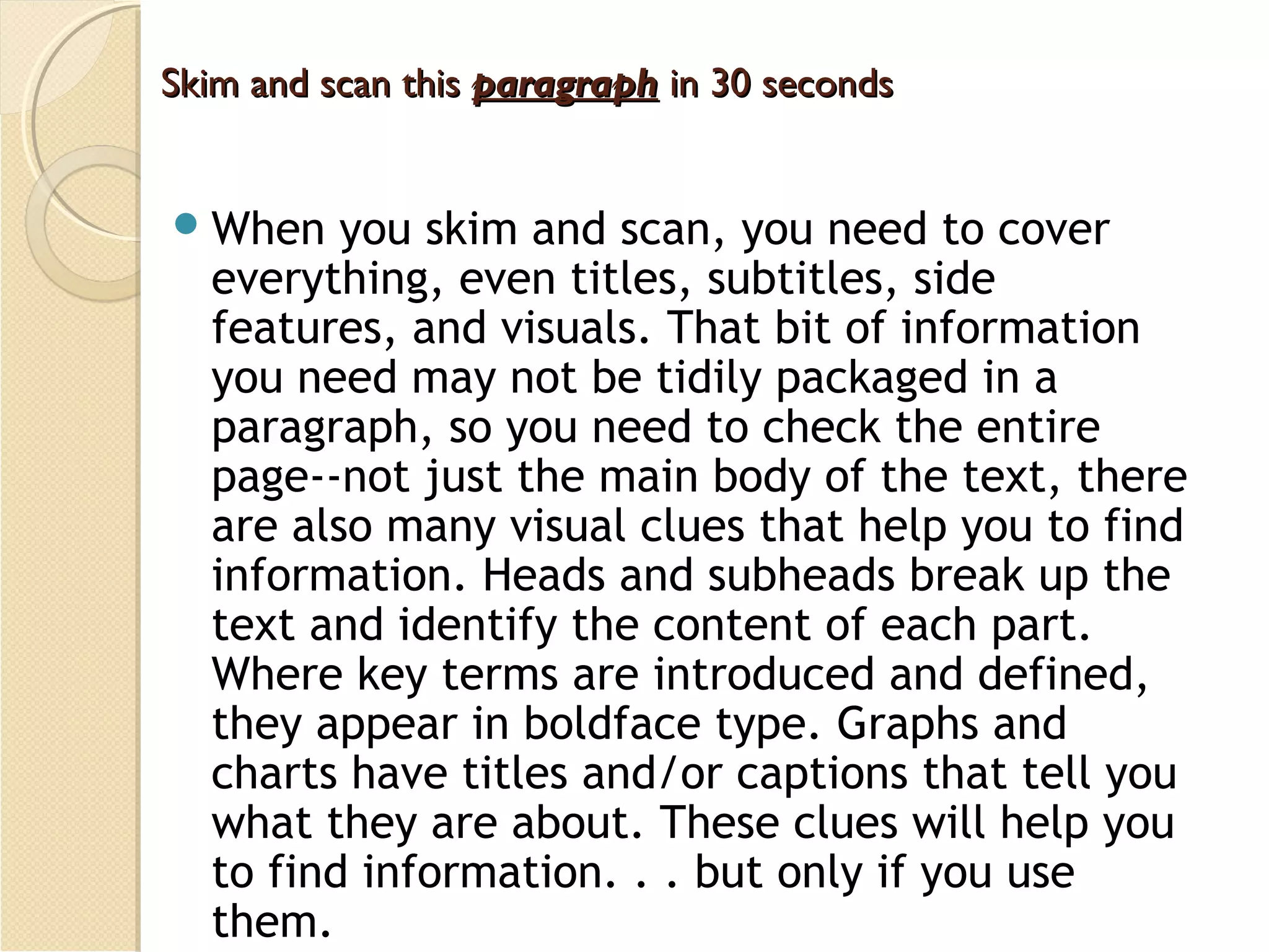 Reading comprehension overview of skimming and scanning | PPT
