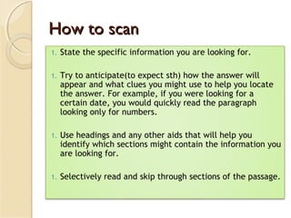 Reading comprehension overview of skimming and scanning | PPT