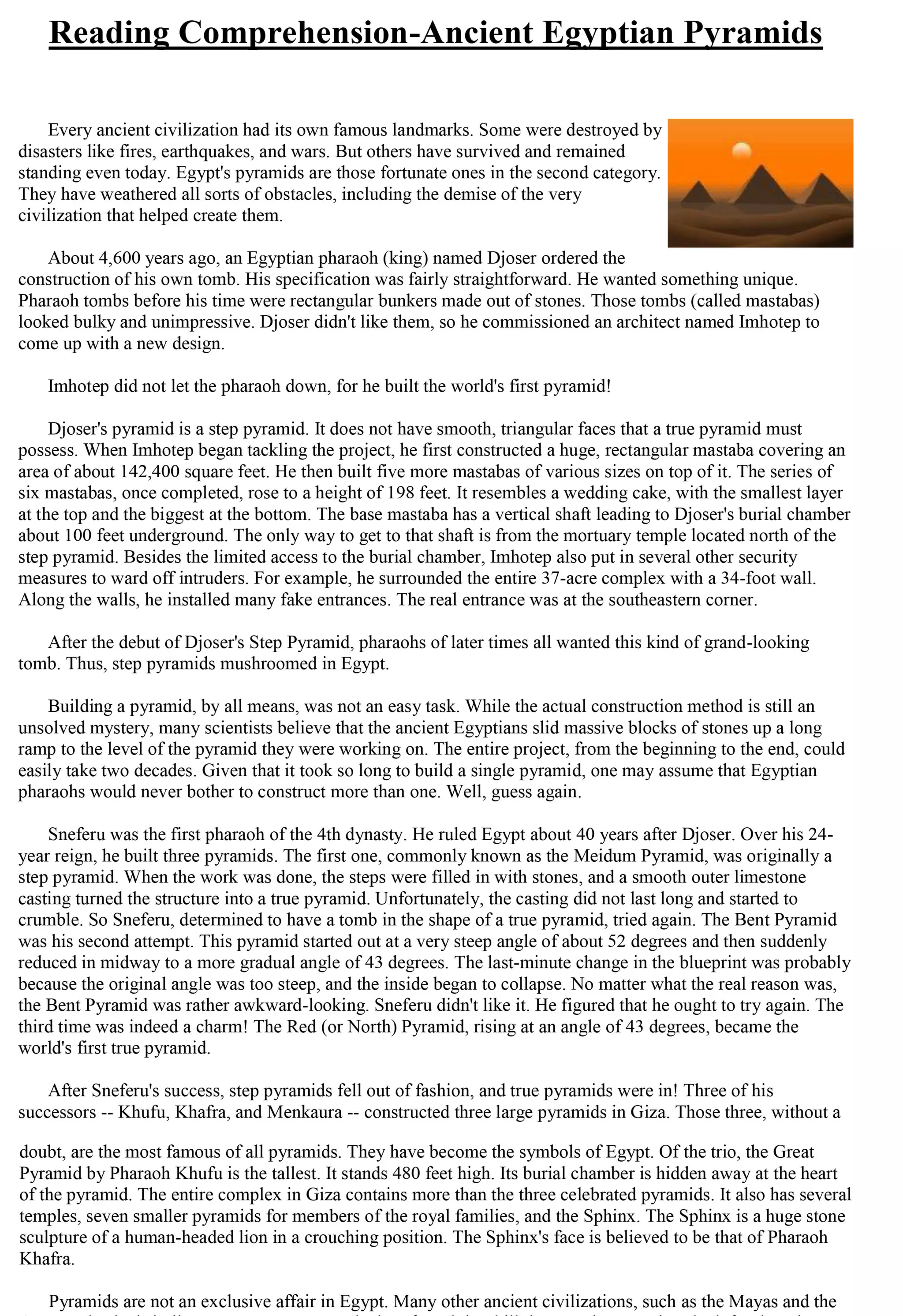 Reading comprehension ancient egyptian pyramids | PDF