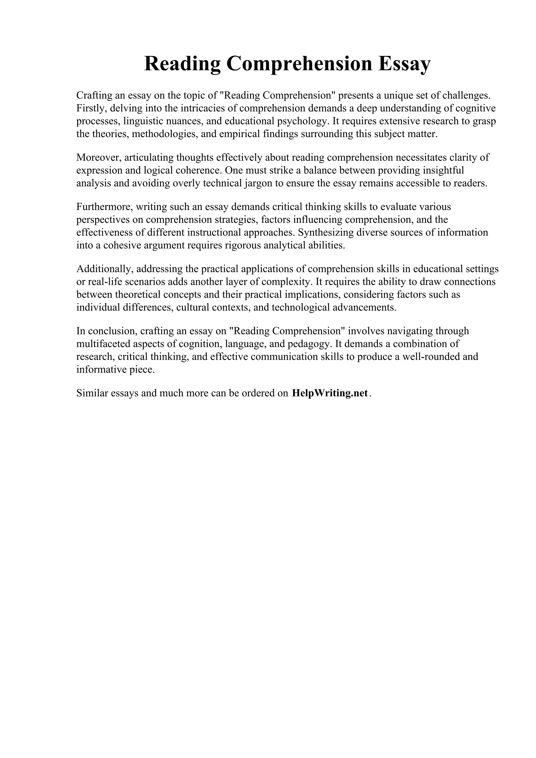 Reading Comprehension Essay. Reading Comprehension - ESL worksheet by ...