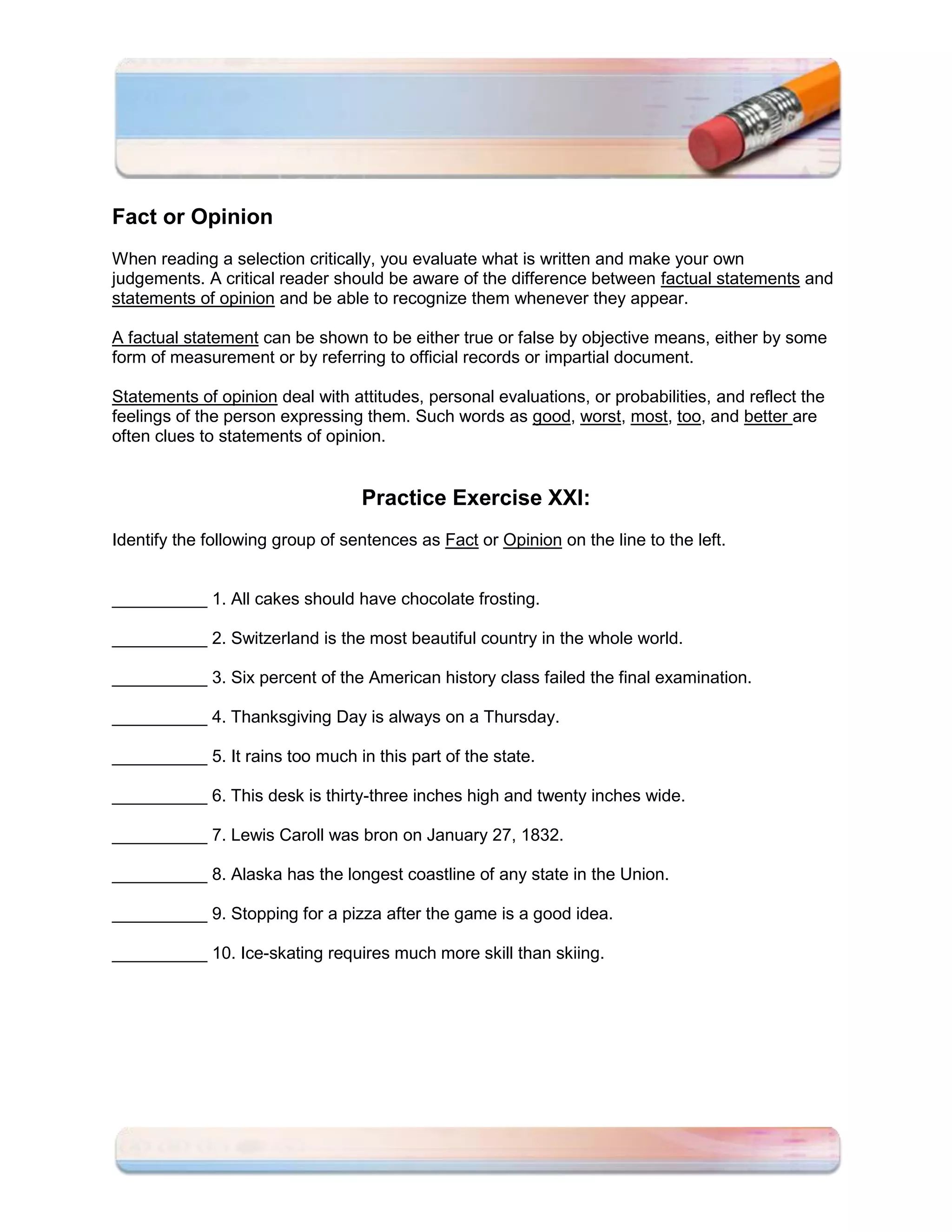 Reading Comprehension Fact or Opinion | PDF