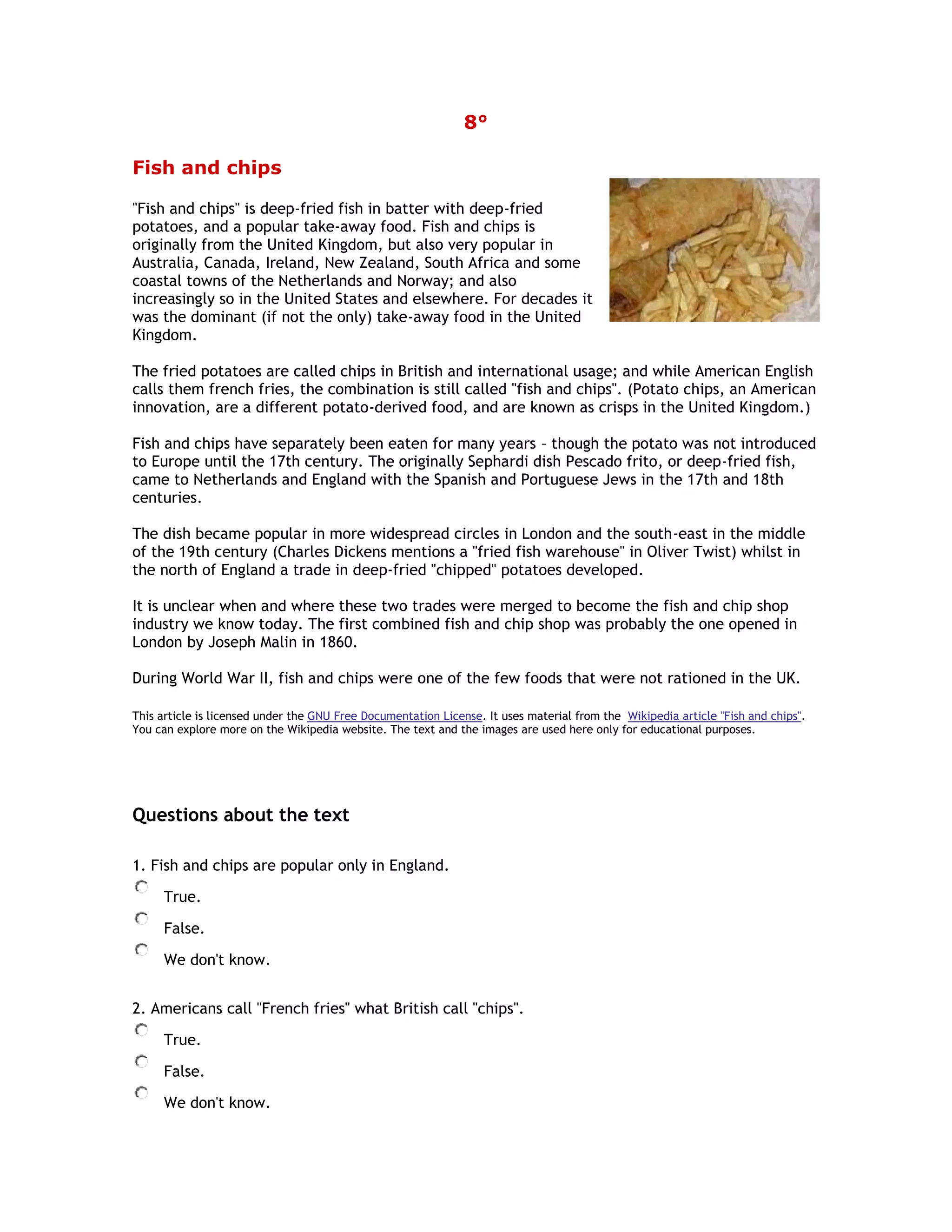 Reading comprehension fish and chips | PDF