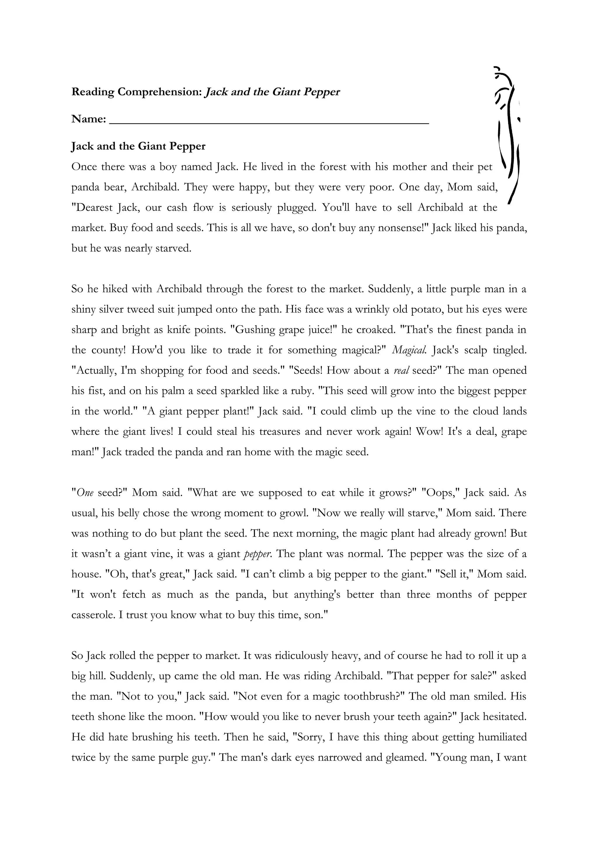 Reading comprehension jack the pepper | DOC