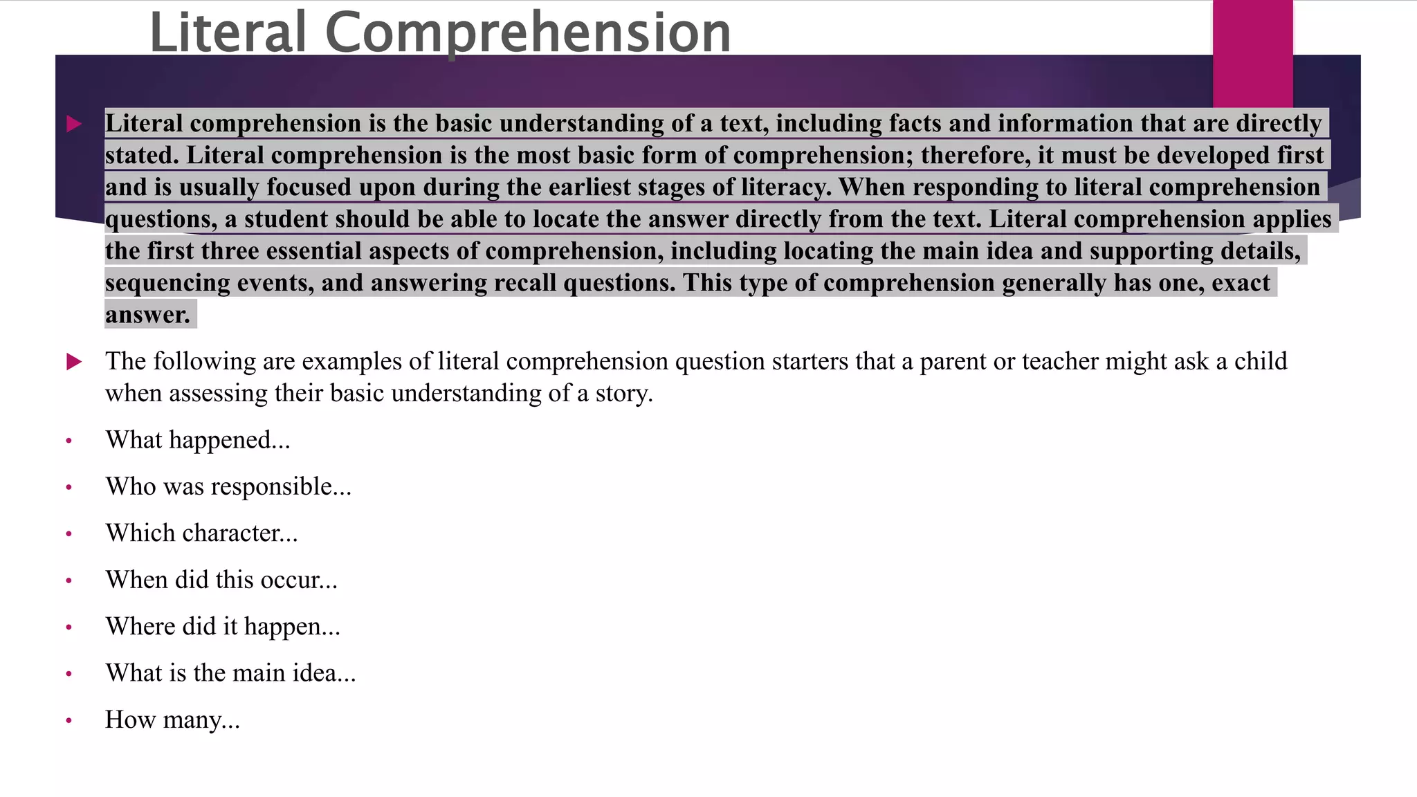 Reading Comprehension & levels.pptx | Educational Assessment | Education