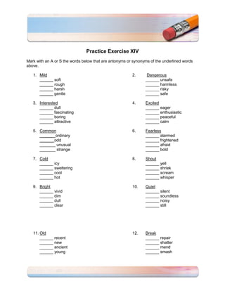 Reading Comprehension Synonyms and Antonymys | PDF