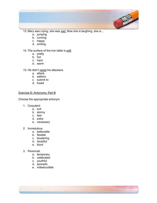 Reading Comprehension Synonyms and Antonymys | PDF