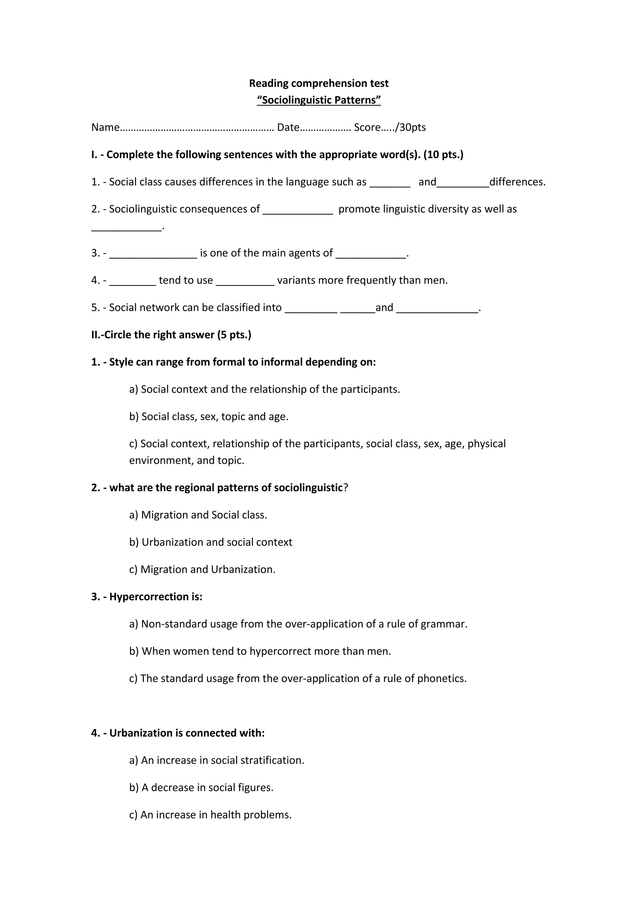 Reading comprehension test 1 sociolinguistic patterns | PDF