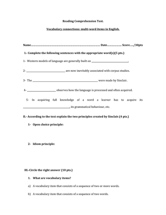 Reading comprehension test multi word items in english | PDF
