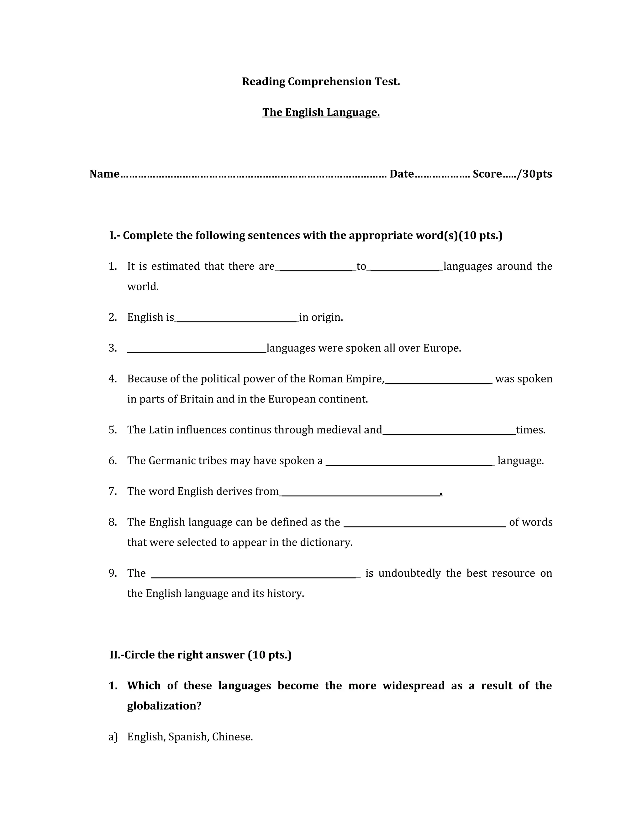 Reading comprehension test the english language | PDF