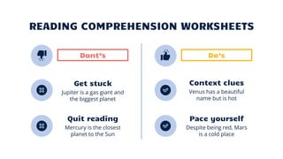 Reading Comprehension Worksheets Infographics by Slidesgo.pptx