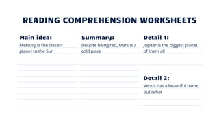 Reading Comprehension Worksheets Infographics by Slidesgo.pptx