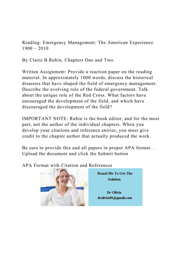 Reading Emergency Management The American Experience 1900 – 20.docx