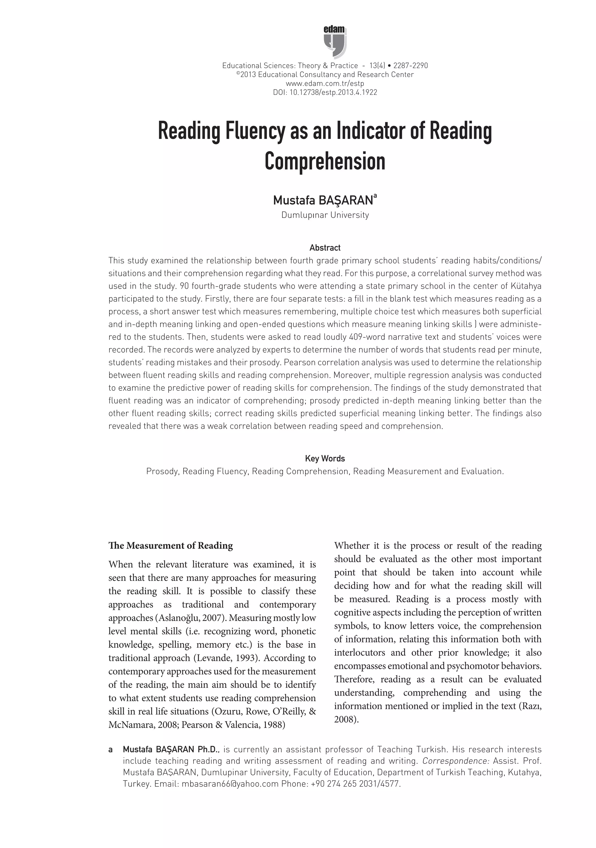 Reading fluency as an indicator of reading comprehension | PDF