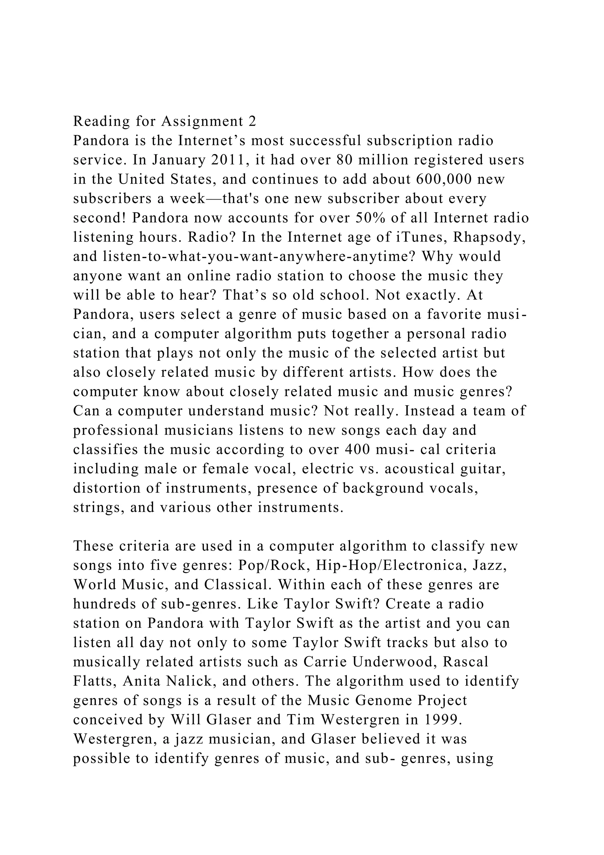 Reading for Assignment 2Pandora is the Internet’s most successfu.docx