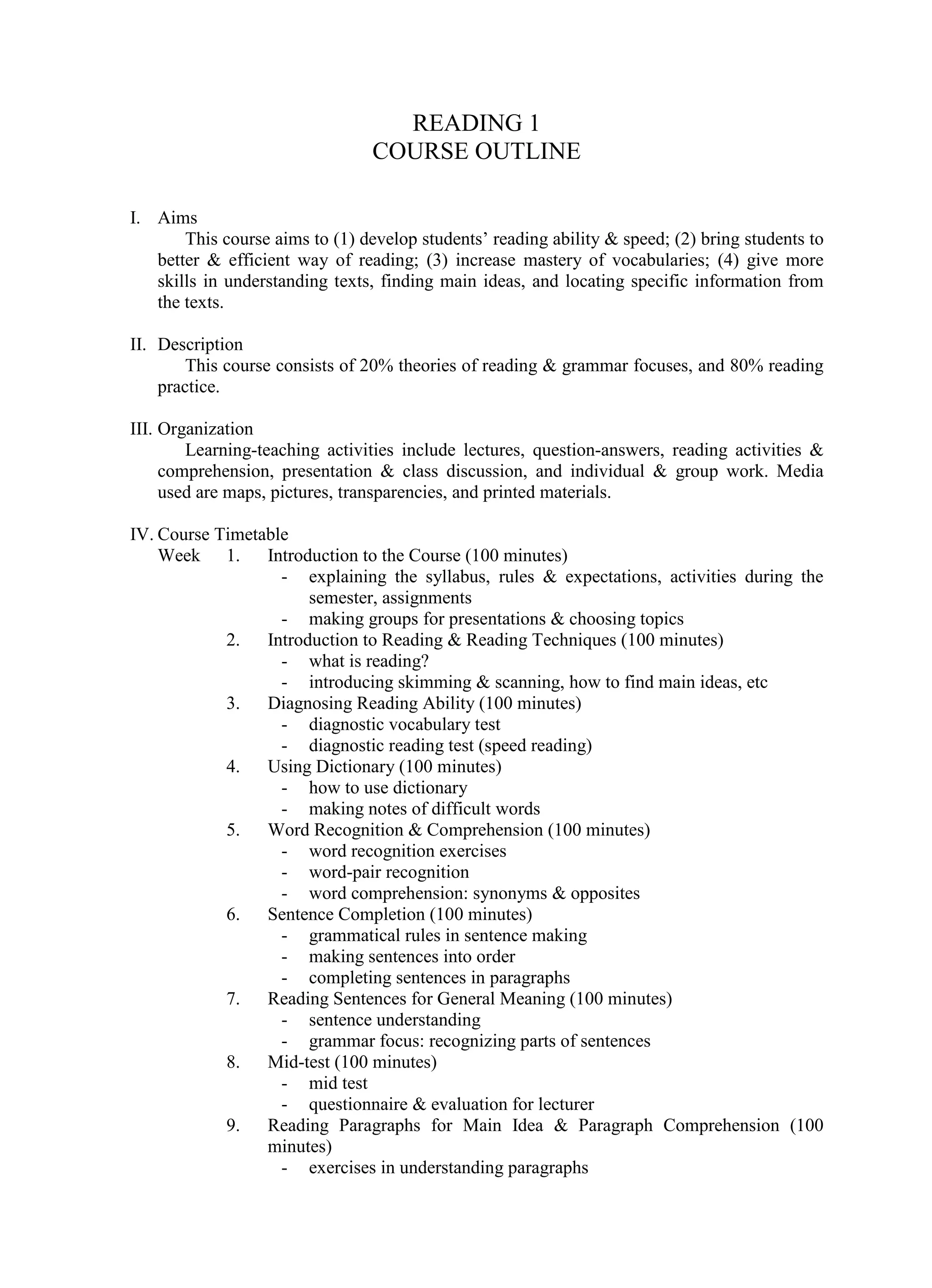 Outline of Intensive Reading Course for College STudents | PDF